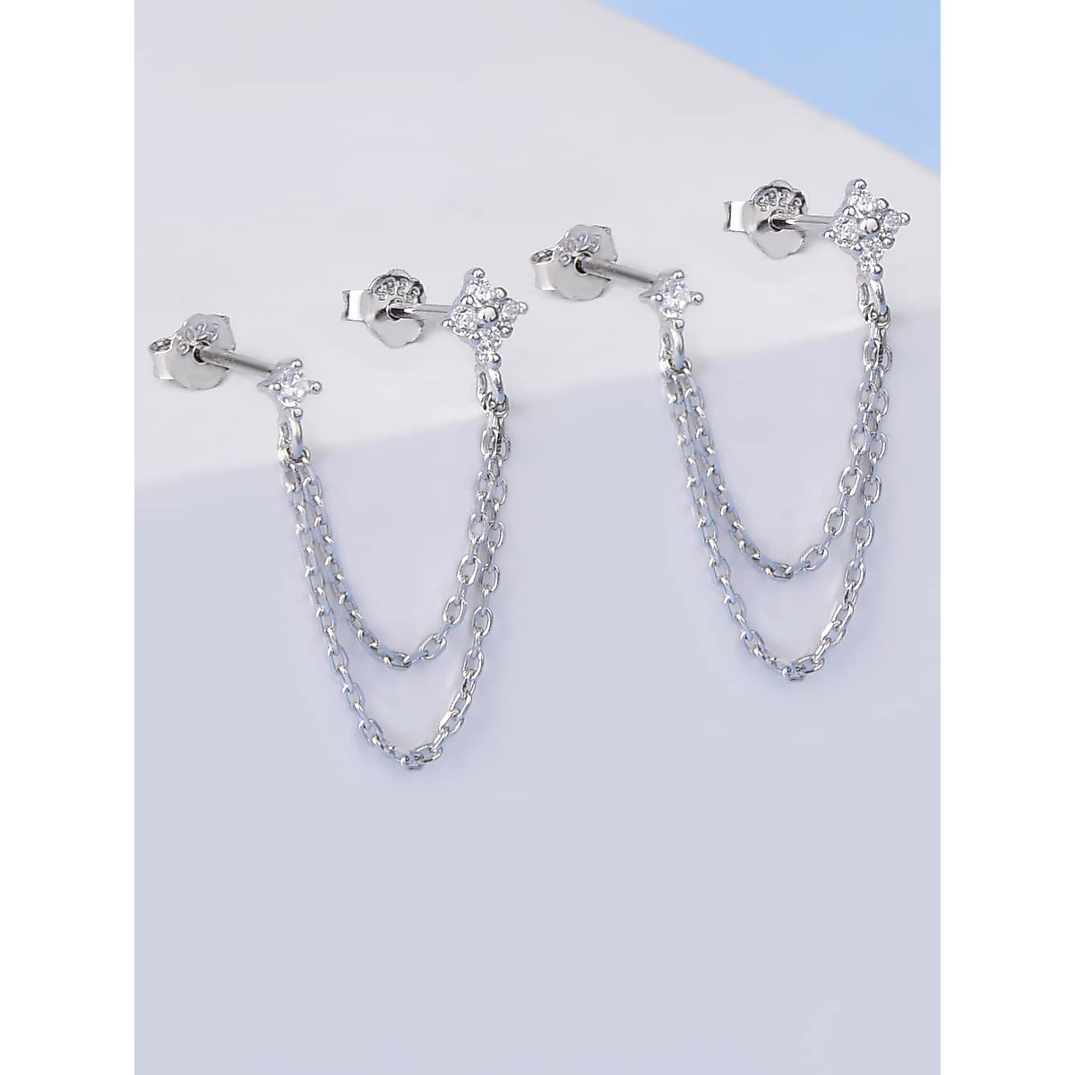 Lansora Double Piercing Earrings Silver Gold Cz Cubic Zirconia Stone Chain Link Dangle Stud Earrings