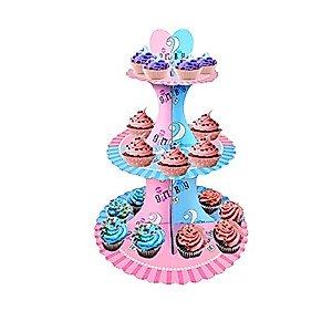 Risshine 3 Tier 12 Height Cardboard Cupcake Stand Donuts Dessert Tower for Baby Shower,Gender Reveal Party Decoration Supplies(Bule & Pink), Blue & Pink
