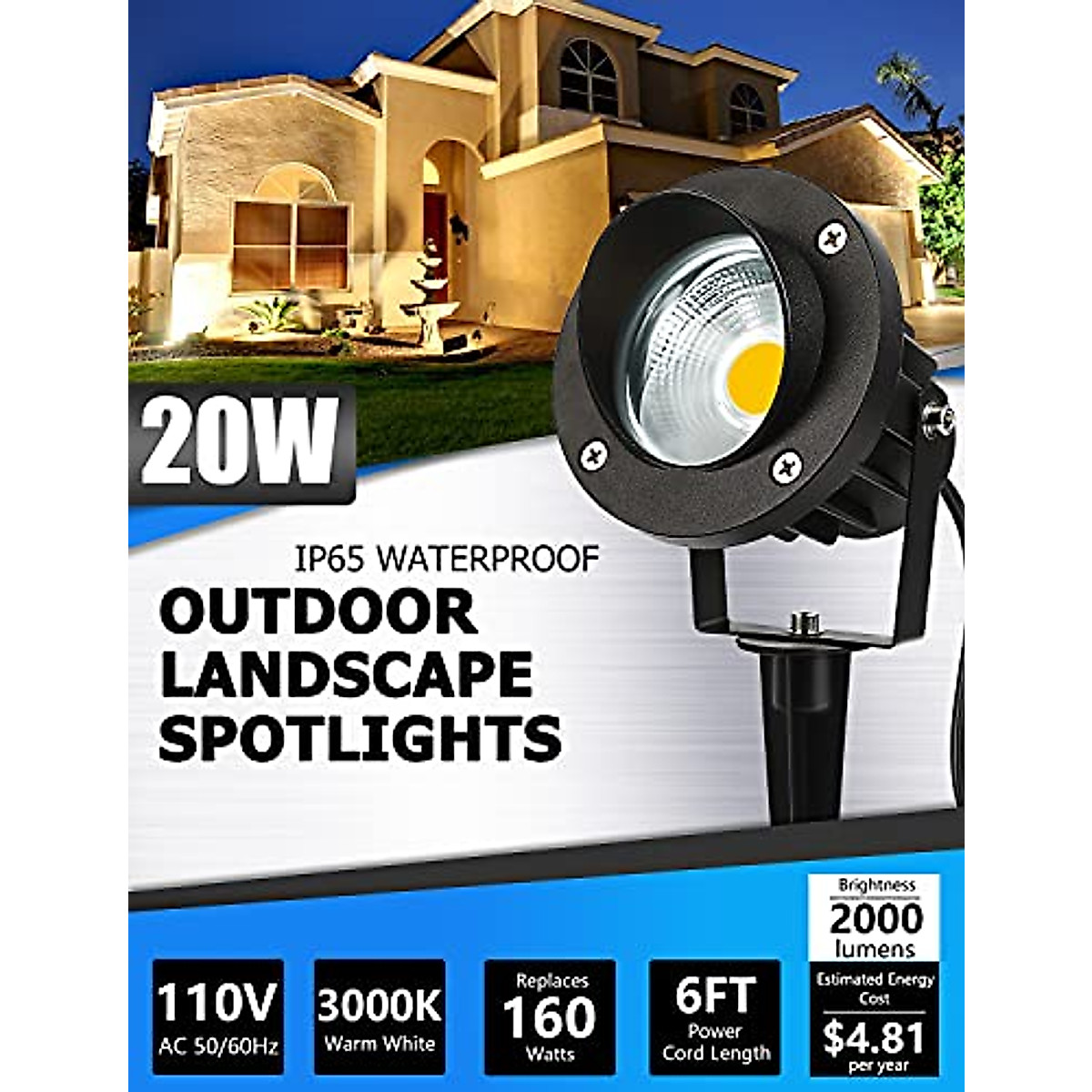 SUNVIE 20W Outdoor Spotlight LED Landscape Lighting 120V AC Waterproof Yard Spot Lights Outdoor with Stake for Tree Flag Lights 3000K Ultra Warm White Lawn Decorative Lamp with US 3-Plug in (2 Pack)