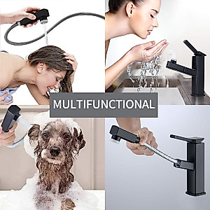 KAIYING Pull Down Bathroom Sink Faucet, Modern Lavatory Vessel Sink Faucet, Utility Single Hole Bathroom Sink Faucet with Pull Out Sprayer, Commercial Basin Mixer Tap (Regular, Black)