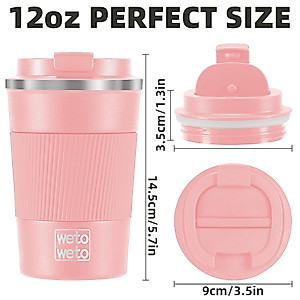 WETOWETO 12 oz Insulated Coffee Cup, Spill Proof Travel Coffee Mug, Vacuum Stainless Steel Coffee Tumbler, Coffee Mug with Lid, Portable Thermal Mug, Reusable Travel Coffee Cup(Pink)