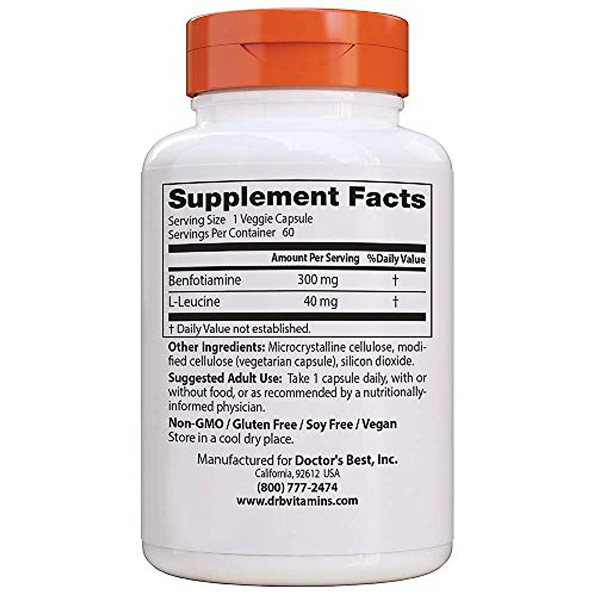 Doctor's Best Benfotiamine, Non-GMO, Vegan, Gluten Free, Soy Free, Helps Maintain Blood Sugar Levels, 300 mg, 60 Veggie Caps (DRB-00270)