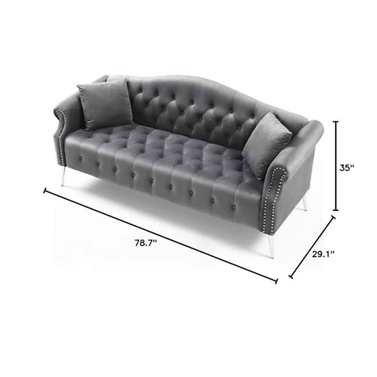 LIADTOP, 78.7" Classic Chesterfield Velvet Sofa Contemporary Upholstered Couch with Button Tufted and Rolled Arms, 2 Pillows Included, 3 Seater,Grey
