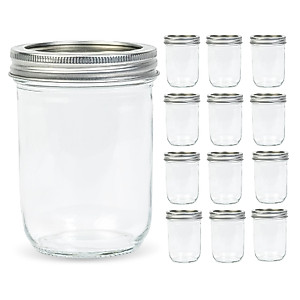 Yodecy 12 Pack 16 oz Wide Mouth Clear Mason Jars with Silver Metal Lids, Canning Jars for Overnight Oats, Food Storage, Dry Food, Snacks, Candies