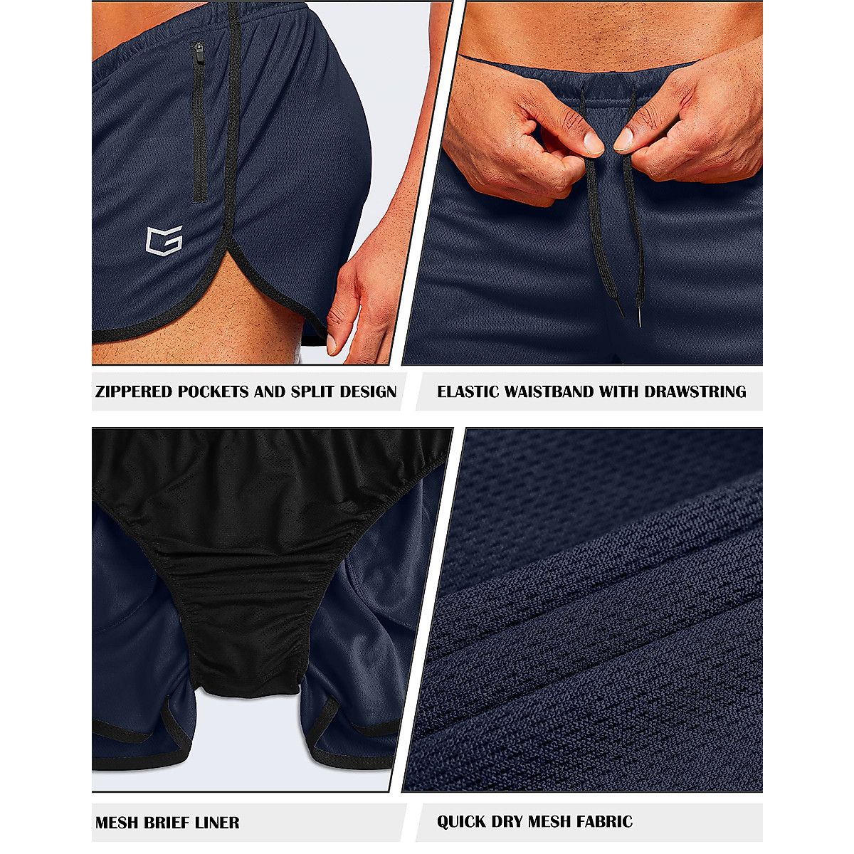 G Gradual Men's Running Shorts 3 Inch Quick Dry Gym Athletic Jogging Shorts with Zipper Pockets (Navy, X-Large)