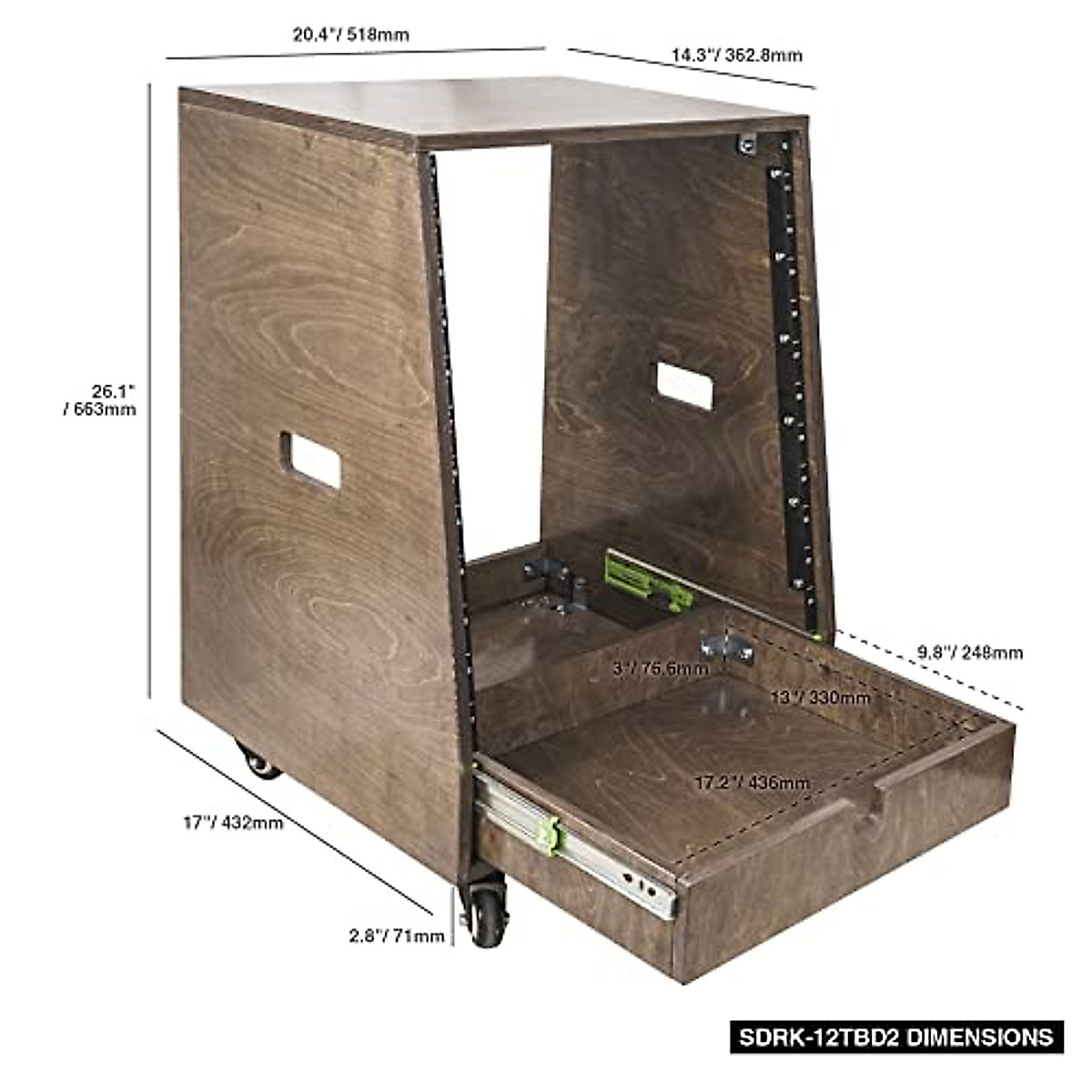 Sound Town 12U DIY Solid Baltic Birch Plywood Slanted Studio Rack with 12U Rack Space, Extra 2U Drawer, Rubber Feet, Casters, Weathered Brown (SDRK-12TBD2)