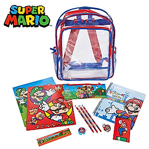 Large Clear Backpack for Kids with Super Mario Bros School Supplies Set, 16 inch Stadium Approved Transparent Bag, Red and Blue