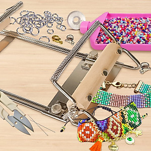 hobbyworker The Second Generation Adjustable Bead Loom Kit with Seed Beads,Large Eye Curved Beading Needle,Bead Funnel Tray,Lobster Clasp,Open Ring and Bead Mat for Jewelry Making kit