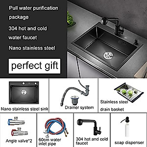 HAMEXLN Black 304 nanometer Stainless Steel Sink Bathtub Single Bowl Home Kitchen Large Sink Square Single Tank with soap Dispenser, 72x45x20cm