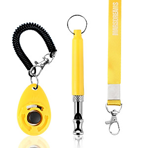 MARSDREAMS Pet Training Clicker, Whistle -Training Behaviour Aids Accessories for Puppies with Lanyard - Barking Control Device - Long Range Adjustable Frequency - Pack of 3 - Yellow (Yellow)