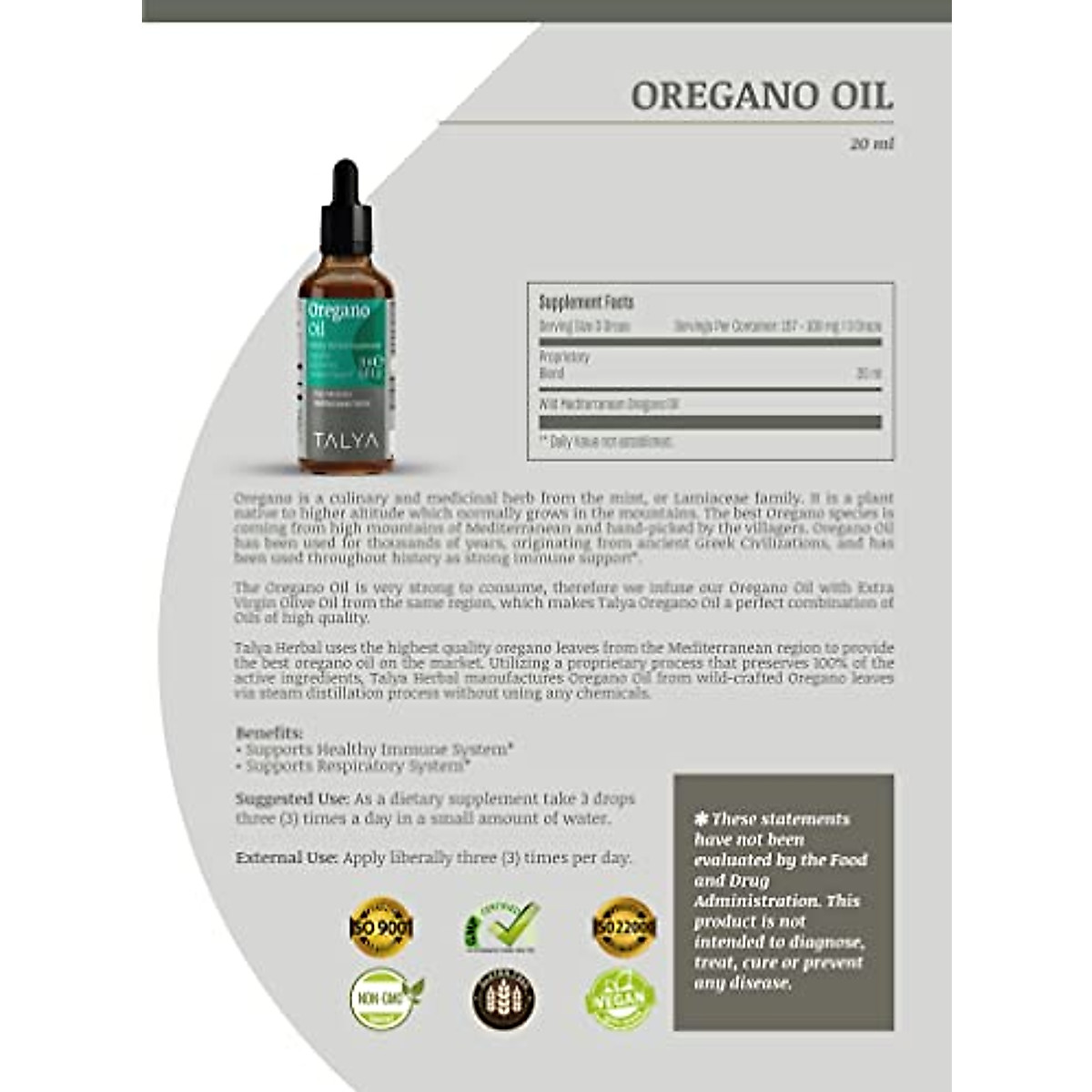 TALYA Oregano Oil Herbal Supplement 0.67 fl. oz, Premium Quality, 100% Natural, High Carvacrol, Supports Healthy System, Digestion & Respiratory Relief, Skin & Nails, Non-GMO, Vegan, Essential Oil