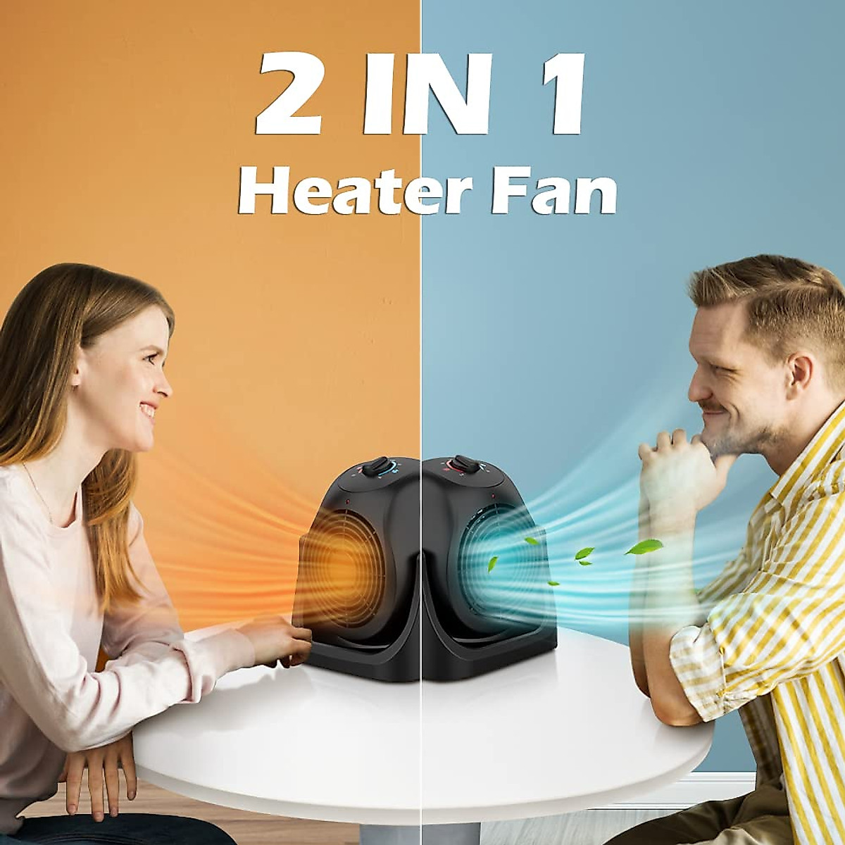 LifePlus 2 in 1 Heater Fan Combo, Portable Cooling Desk Fan, Air Circulator Fan 45° Tilt, 2 Wind Speeds, 1500W Overheat Protection Personal Small Floor for Home Office Black