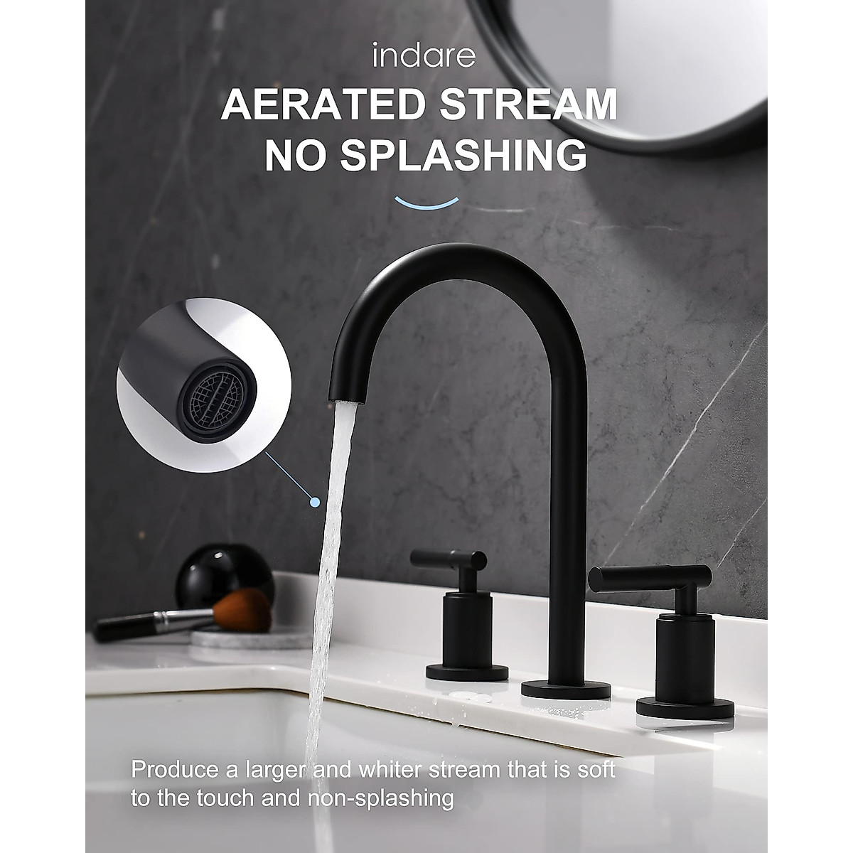 Matte Black Bathroom Faucet, Indare 360° Swivel Spout Two Handles Widespread 4 Inch 8Inch Brass Bathroom Sink Faucet 3 Hole with Pop-Up Drain and Water Supply Lines, Upgraded Style