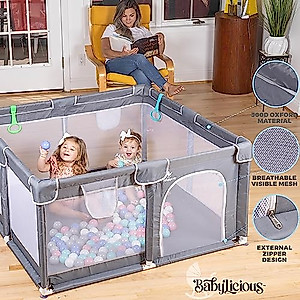 Baby Playpen Mat for Indoor Outdoor Use - Large Play Pen Activity Center for Babies & Toddlers - Durable, Breathable Mesh Foldable Safety Play Yard with Travel Carry Bag - Grey, 50" by 50"