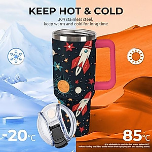 Cartoon Rockets 40 Oz Car Cup Stainless Steel Travel Mug Leak-Proof Insulated Tumbler with Handle Light Rose Red-style