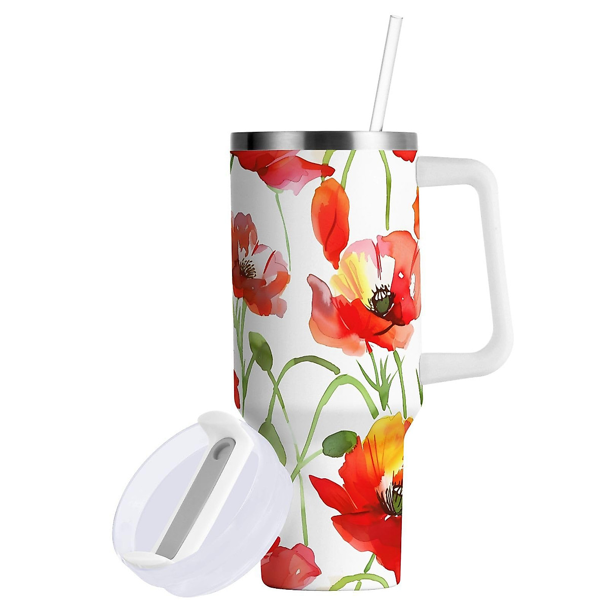 FENOCHE Poppy Flower Floral 30 oz Tumbler Insulated Cups Stainless Steel Water Bottle with Handle Lid and Straw Tumblers for Car Cup Holder