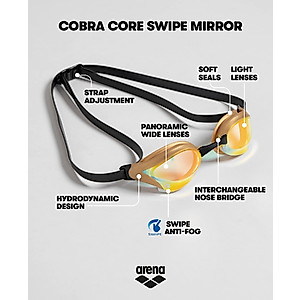 ARENA Unisex Cobra Core Swipe Anti-Fog Racing Swim Goggles for Men and Women Polycarbonate Mirror Lens, Aqua/Black