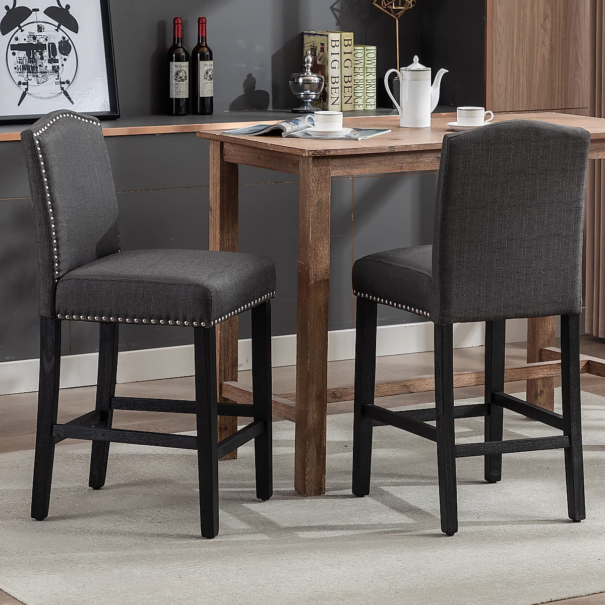 KCC Counter Height Bar Stool 26 Inches Upholstered High Back Barstool with Antique Nail Heads Solid Wood Set of 2 Counter Height Bar Chairs,Gray