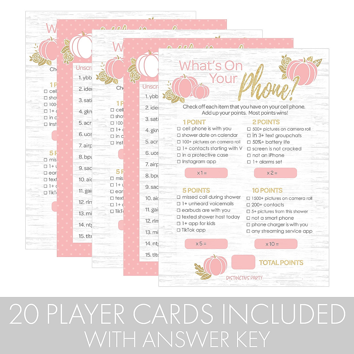 DISTINCTIVS Pink Little Pumpkin Girl Baby Shower - What's On Your Phone and Word Scramble (2 Game Bundle) - 20 Dual Sided Cards