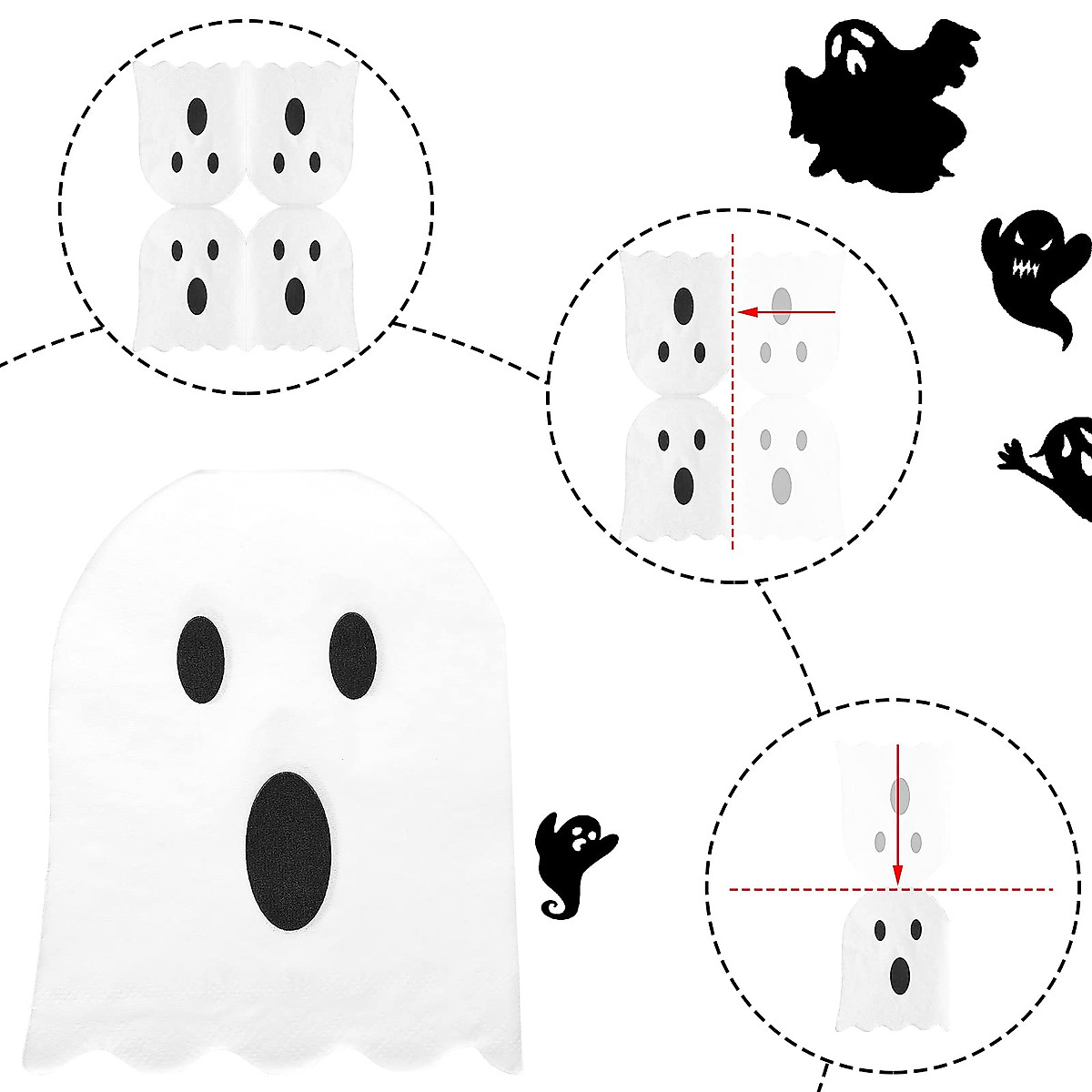 100 Pieces Ghost Napkins Halloween Napkins White Ghost Folded Halloween Napkins Disposable 2 Ply Halloween cocktail Napkins Tableware Decoration for Home Dinner Holiday Party Supplies(Basic)