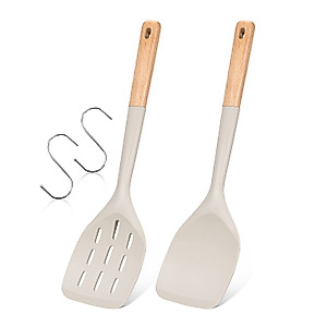 Pack of 2 Silicone Spatula, Non Stick Cooking Utensil Set Wooden Handle Kitchen Turner for Baking Mixing Grilling Serving Food Heat Resistant Non Scratch Hooks Included (Khaki)