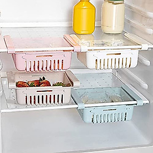 TIST Retractable Fridge Drawer Organizer Basket, Vegetable Drain Basket Fruit Cleaning Storage Box Fridge Hanging Organizer (Color : Pink)