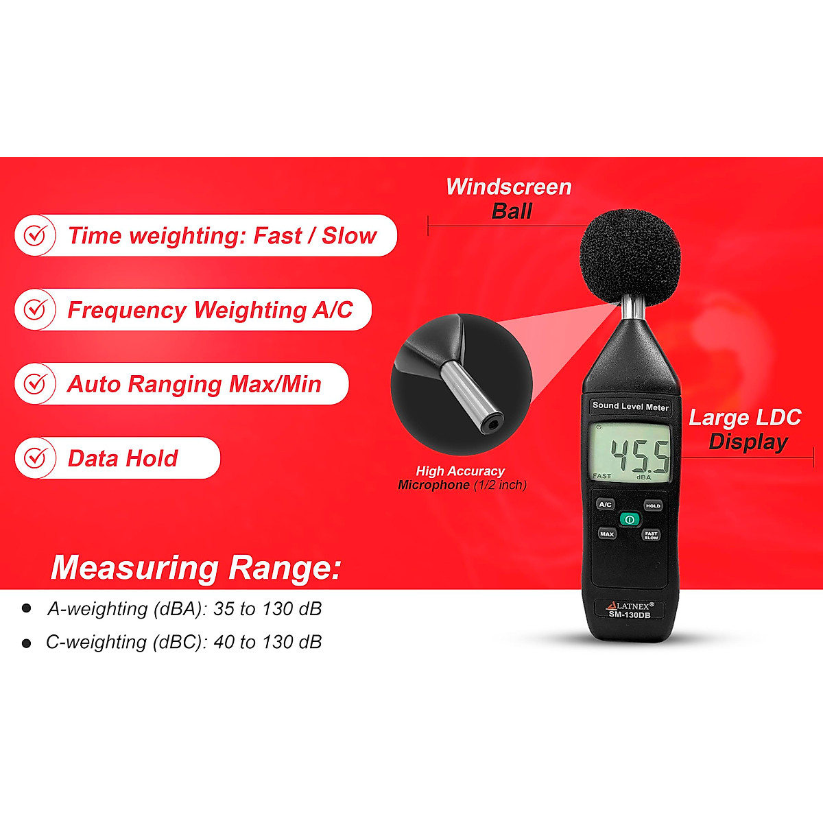 SM-130DB Digital Decibel Meter Reader and Sound Level Meter Type 2 with Calibration Certificate. Measurement Device for Environmental and Mechanical Noise Monitor - Manufacturing, Office, Classroom