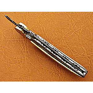 8" hand forged Damascus steel leaf folding pocket knife custom made, Engraved Damascus scale with bras art work cow leather sheath (Damascus) (Full Damascus)