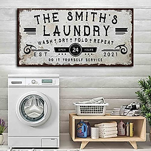 TAILORED CANVASES Personalized Laundry Sign - Large Canvas Wall Art Decor and Accessories for Laundry Room, Business and Farmhouse - Rustic Wall Decoration, Family Name Wash Dry Fold Repeat, 36"x12"