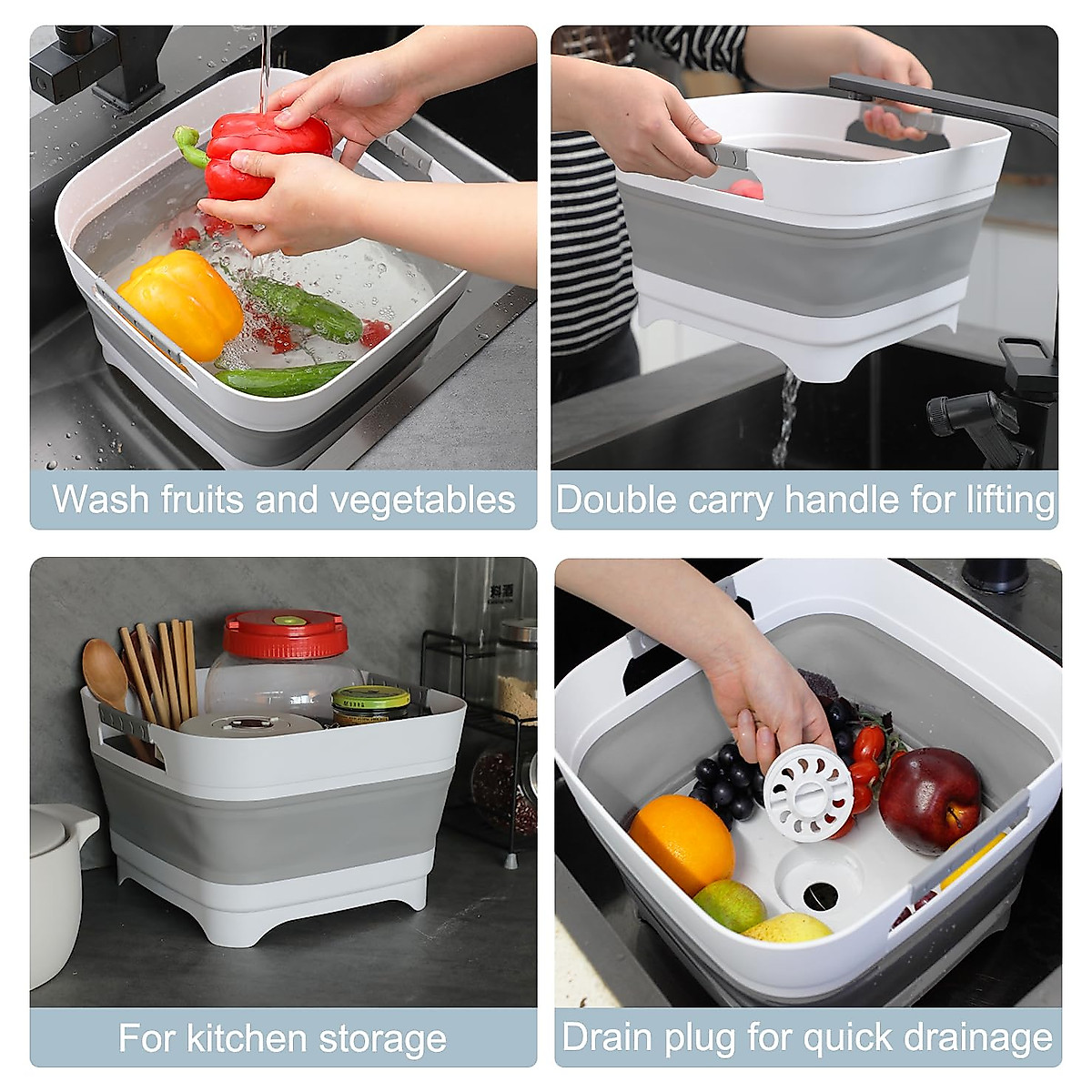 Goderewild 2024 Upgraded 2.4 Gal (9L) Collapsible Dish Basin with Drain Plug, Space Saving Multiuse Foldable Sink Tub, Dishpan, Beverage Tubs for Camping, Vegetable Washing, RV (Gray)