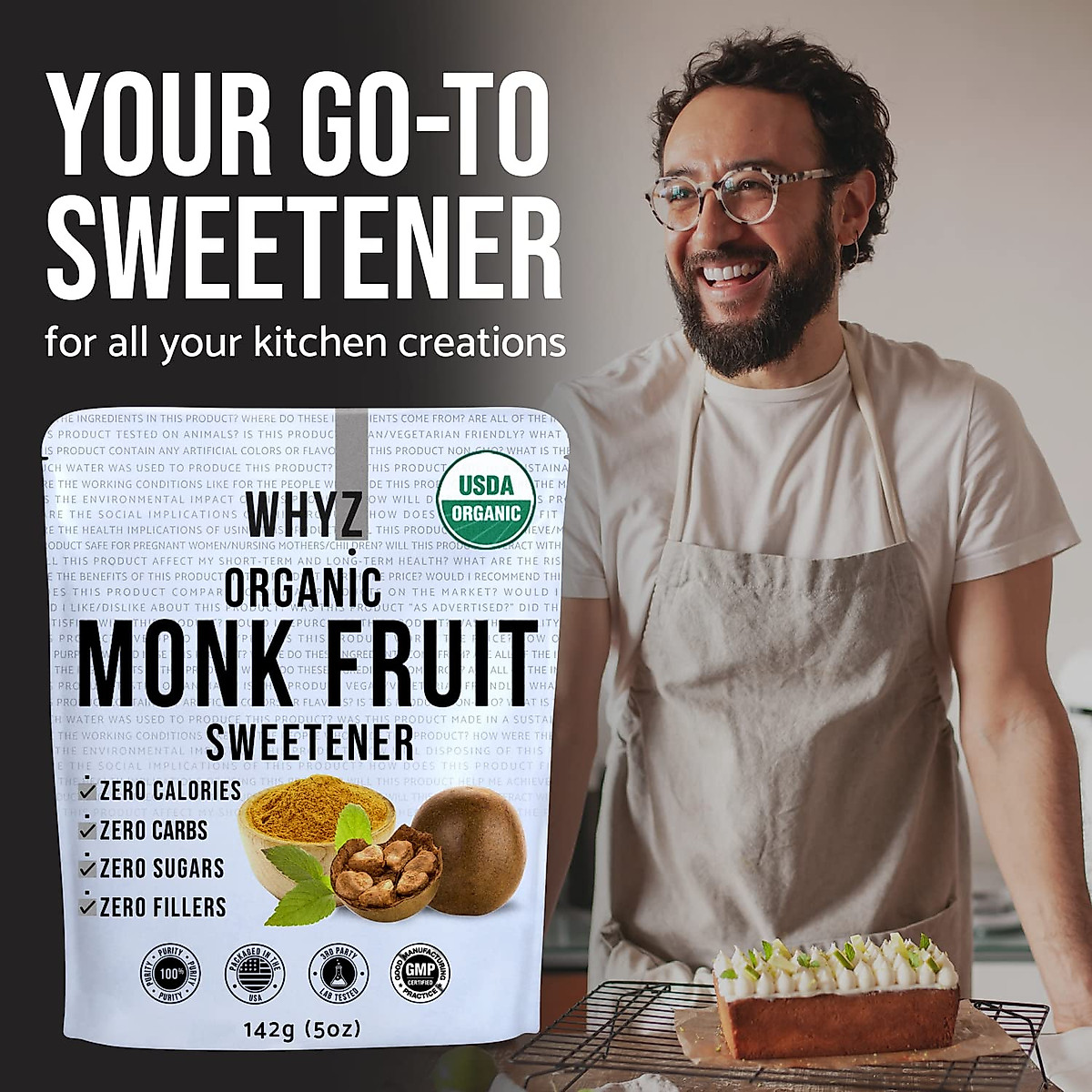 Organic Monk Fruit Extract, 5 oz, Pure Monk Fruit Sweetener Organic No Erythrytol and Zero Calorie, Sugar Substitute, Powdered Monkfruit Sweetener Keto and Paleo Diet Friendly, 454 Servings