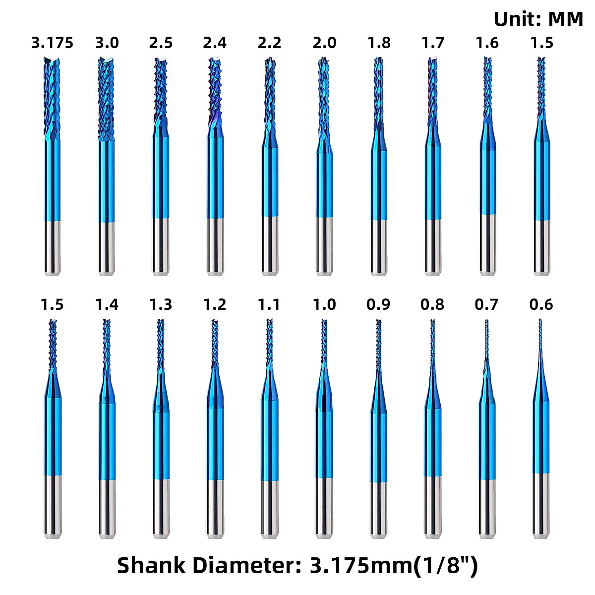 20Pcs 0.6-3.175mm CNC Router Bit Set, 1/8” Shank Nano Blue Coat Carbide Engraving End Milling Cutter Rotary Burrs Tool