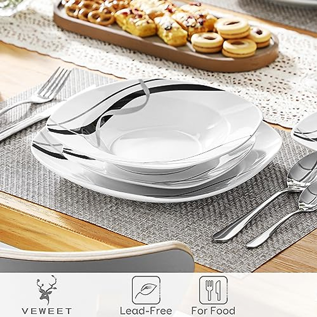 VEWEET, Series Fiona, 30-Piece Dinnerware Sets for 6, White Dishes Set with Black and Gray Stripes, Porcelain Dinner Set Including Dessert Plates, Soup Plates, Dinner Plates, Cups & Saucers