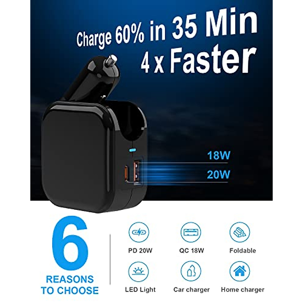 SAUNORCH USB C Car Charger Block, Cigarette Lighter Adapter and USB Wall Phone Charger W/ 2 in 1 Foldable Plug 20W Type C PD &18W QC 3.0 Charger Fast Charging for iPhone 14/13/12/11/XR,iPad, Samsung