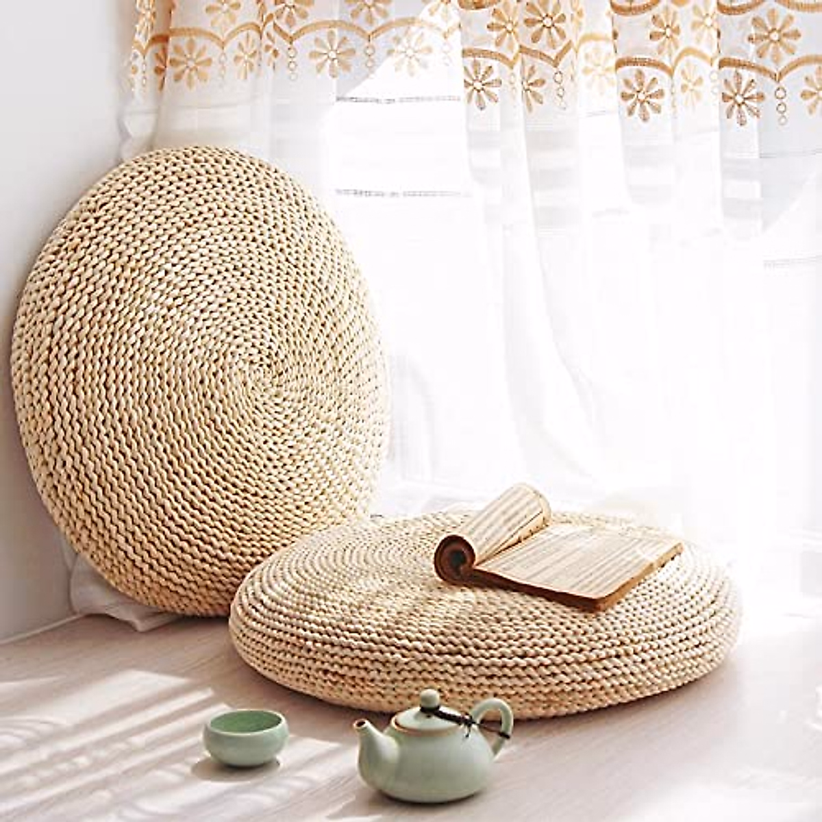 Knitted Straw Flat Seat Cushion, 15.7inch Round Pouf Tatami Cushion Floor