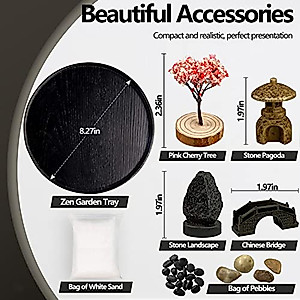 Zen Garden for Desk Japanese Zen Garden Kit 8 Inch Large Round with 6 Sand Rake and Accessories Tray Mini Desktop Zen Decor for Home Office Gift Therapy Relaxation Meditation