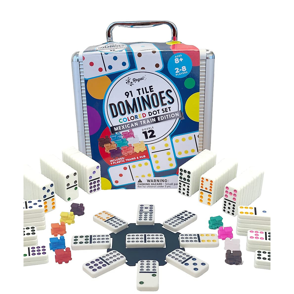 Regal Games - Double 12 Mexican Train Dominoes - Colored Dots Set - Fun Family-Friendly Dominoes Game - Includes 91 Tiles, Collector's Case & Plastic Hub w 9 Plastic Trains - Ideal for 2-8 Players