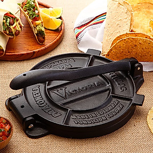 Victoria 6.5 Inch Cast Iron Tortilla Press. Tortilla Maker, Flour Tortilla press, Rotis Press, Dough Press, Pataconera Seasoned with Flaxeed Oil