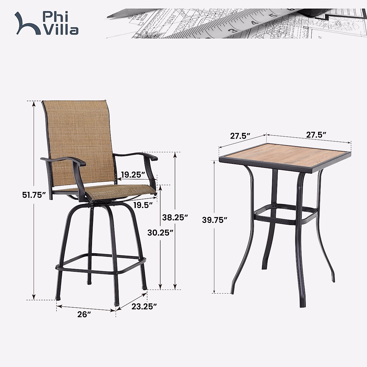 PHI VILLA 5 PCS Patio Swivel Bar Set Outdoor Bar Furniture Table and Chairs Set, 4 Bar Stools and 1 Table