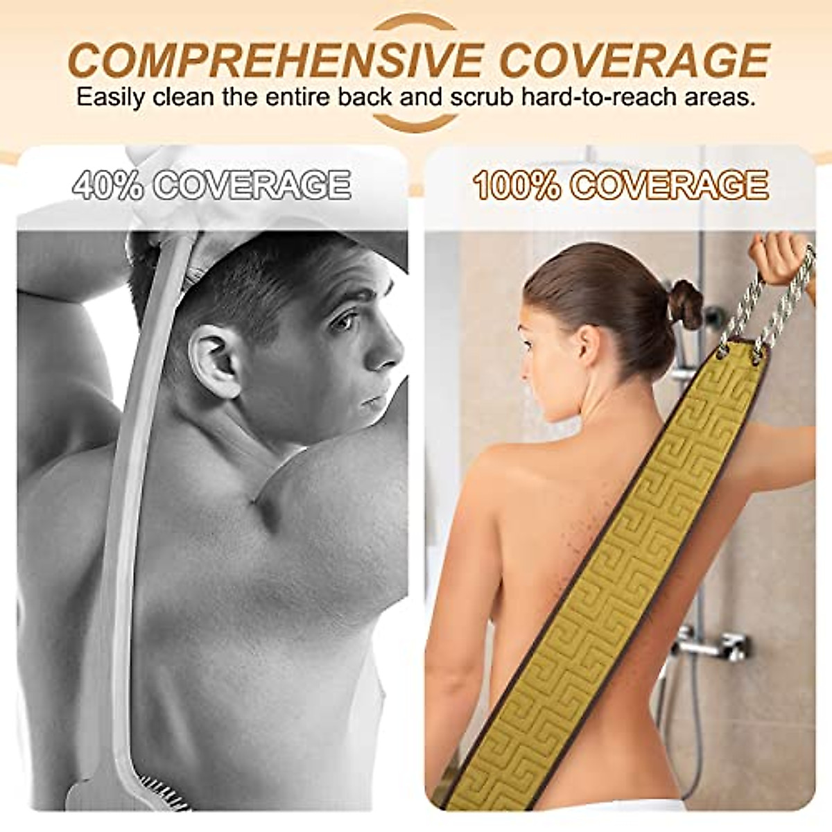 Exfoliating Back Scrubber for Shower, Double-Sided Back Scrub Washcloth with Handles, 38 Inches Body Exfoliator Bath Tool to Clean Your Body Deeply for Men & Women Skin Care (Yellow)