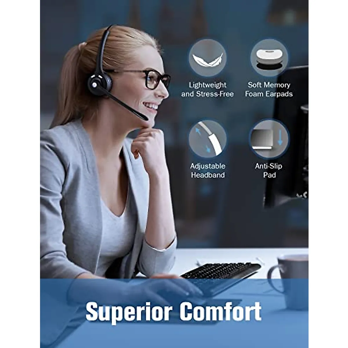 Calhuber Wireless Truck Driver Cell Phone Headset with Microphone, cVc6.0 Noise Cancelling for Clear Call, Bluetooth 5.0, Up Black