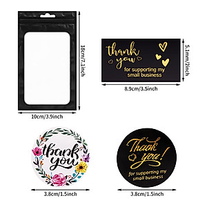 1130pcs Thank You Cards and Stickers Set,100pcs Gold Foil Thank You for Supporting My Business Cards 1000 Thank You Stickers Label Roll with Packaging Bag for Business Greeting(Black)