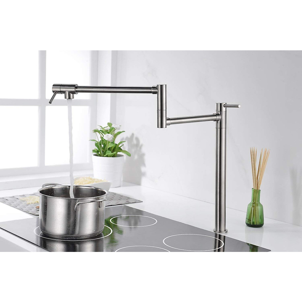 Deck Mount Pot Filler Faucet Brushed Nickel Finish with Extension Shank and 20" Dual Swing Joints Spout, SUMERAIN