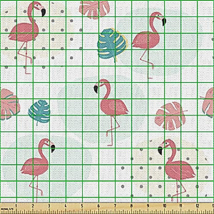 Ambesonne Tropical Fabric by The Yard, Flamingo Birds on Polka Dots Exotic Monstera Leaves Pastel Hawaiian, Decorative Fabric for Upholstery and Home Accents, 1 Yard, Coral Seafoam