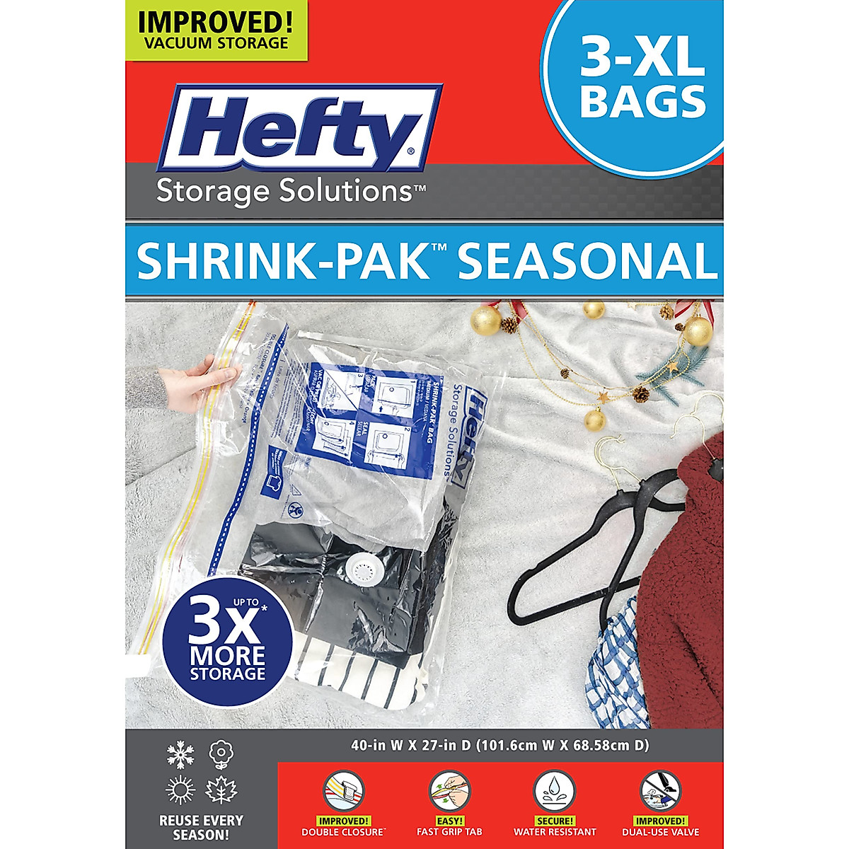 Hefty Shrink-Pak Vacuum Storage Bags – For Clothes, Pillows, Towels, Blankets & More – Space Saver Vacuum Suction Sealer Bags for Home or Travel – 3 XL Bags, 40 x 27 Inches