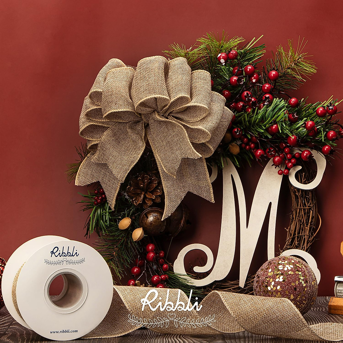 Ribbli Burlap Wired Ribbon,2-1/2 Inch x 10 Yard,Natural,Solid Wired Edge Ribbon for Big Bow,Wreath,Tree Decoration,Outdoor Decoration