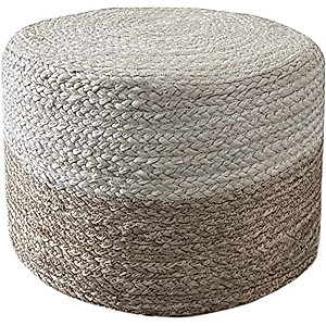 S & L Homes Pouf Ottoman - 100% Jute Braided Footrest Pouf Hand Knitted Traditional Cord Boho Pouffe for Living Room, Bedroom, Nursery, Patio, Lounge Colorblock - Natural Ivory (20”x20”x10”)