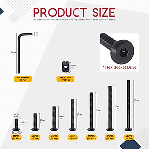 Hilitchi M6 140Pcs Black Hex Socket Head Screws Bolts Barrel Nuts Hardware Assortment Kit for Crib Baby Bed Furniture Cots and Chairs (15-75mm Assortment Kit)