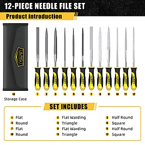 TARIST 12PCS Needle File Set with Tool Bag, Small File Set includes 6pcs Jewlers Files & 6 Steel Files for Metal, Jewlers, Wood, Leather and Plastic