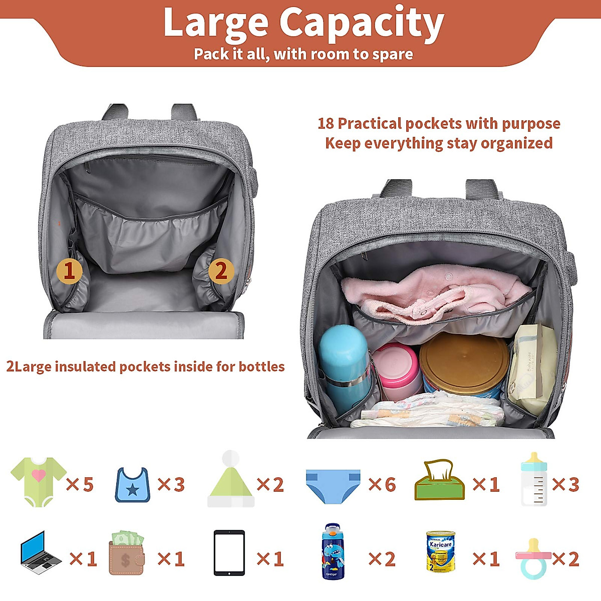 Diaper Bag Backpack, Billiton Diaper Bags for Baby Boy Girl,Baby Bags for Boys Girls,Large Diaper Bag with Changing Station Pad, Multi-Function Waterproof Baby Diaper bag backpack, Grey